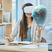 Vr, 3d and business woman with earth, cyber planet or holographic world ...