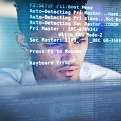 Computer hologram, night and man programming software server overlay or future cybersecurity ...