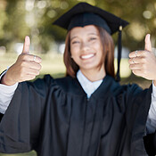 University, graduation and student with thumbs up for success, award ...