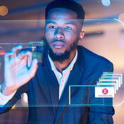 Hologram, malware and cyber security with touchscreen and black man for ...