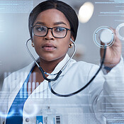 Overlay, digital and futuristic black woman doctor using technology for ...