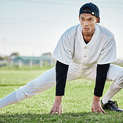 Baseball, man and stretching on field, fitness and training for match ...