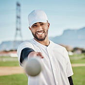 Man, bat or baseball player portrait on field, sports grass or arena ...