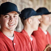Happy baseball player portrait, bench or sports man on field at ...