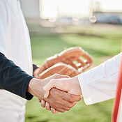 People, sports or handshake for team greeting, introduction or respect ...