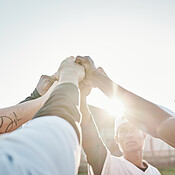 Fist, motivation or sports people in huddle with support, hope or faith ...