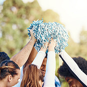 Cheerleaders, sports motivation or people in huddle with support, hope ...
