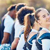 Cheerleader portrait, start or girl cheerleading in huddle with support ...