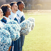 Cheerleader, stadium field or people cheerleading in huddle with ...