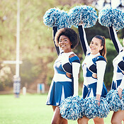Portrait, cheerleading and mockup with sports women on a field for ...
