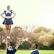 Cheerleader, people on team outdoor and athlete group with fitness ...