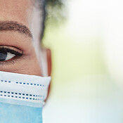 Eye focus, covid mask zoom and mockup of a black woman outdoor with ...
