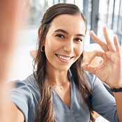 Selfie, portrait and business woman with ok sign for success, agreement ...