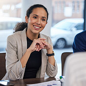 Job interview, happy and woman in office for business meeting ...
