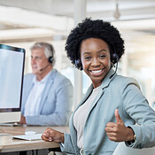 Happy, portrait and black woman in a call center with a thumbs up for ...