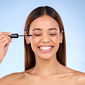 Woman, beauty and mascara makeup for eyes with cosmetics on face in ...