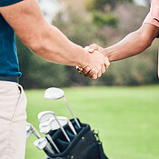 People, handshake and golf sport for partnership, trust or unity in ...