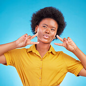 Happy, motivation and black woman with peace sign, inspiration and ...