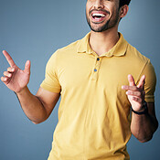 Karaoke, happy and a singing Asian man with a song isolated on a grey ...