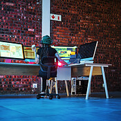 Ux coding, hacker woman and computer monitor for cybersecurity ...