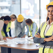 Proud engineering portrait of woman with project management, industry ...