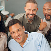 Collaboration, creative and face of happy team having fun together in ...