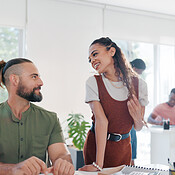 Flirting, laughing and talking business people at work, funny ...