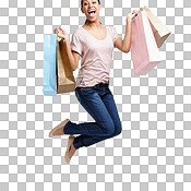 Portrait, shopping bags and woman jump for joy and fashion on an ...