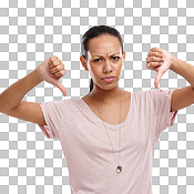 Woman, upset and thumbs down with unhappy expression for disagreement ...