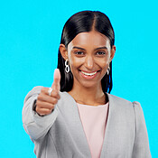 Thumbs up, perfect and happy businesswoman doing accept hand gesture ...