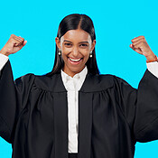 Woman, bicep muscle celebration and studio with excited face for legal ...