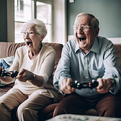 Home, scream and gaming senior couple, friends or people play video ...