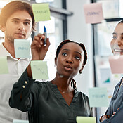 Working, sticky notes planning and teamwork collaboration with ...