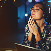 Radio dj, presenter and woman in a sound production studio taking a ...
