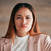 Portrait, frown and business woman in office confused, unsure or ...