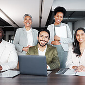 Business people, portrait smile and team collaboration in meeting strategy or planning at office ...