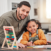 Education, homework and portrait of father with child for helping ...