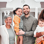 Family, generations and happy people in portrait outdoor, grandparents ...