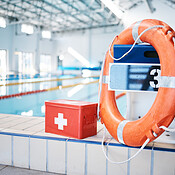 First aid, swimming pool and sports with health and medical equipment ...