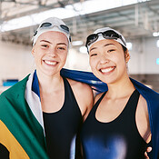 Sports women, portrait or friends in swimming pool on relaxing break in ...