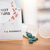 Employee break sign, pharmacy pills and shop poster closeup of an busy ...