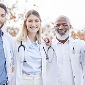 Doctors, hug together and group portrait for motivation, success or ...