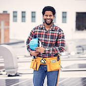 Construction worker, portrait and man builder on a building roof for ...