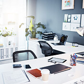 Empty office, interior and business with table, professional layout and ...