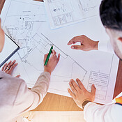 Architecture, planning and blueprint with top view of people for ...