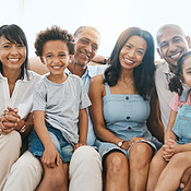 Big family, portrait and happiness in home living room on sofa, bonding ...