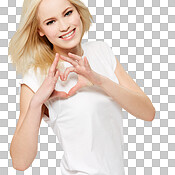 A happy woman fashion model making a loving heart sign hand gesture or ...