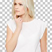 A confused girl or a young female model with doubt standing with a ...