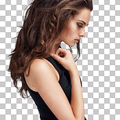 A Fashion, hair and profile of woman for trendy, stylish and designer ...