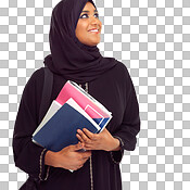 Muslim, student and thinking with an islamic girl holding books in ...